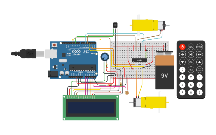 Circuit design remote controlled car with display - Tinkercad