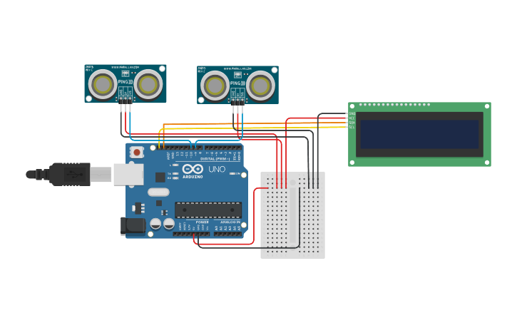 Circuit Design Sistem Monitor Pengunjung Ruangan Basis Sensor Tinkercad