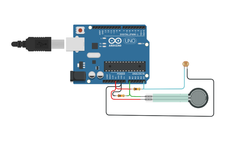 Circuit design Showing values of pressure sensor and LDR on serial ...