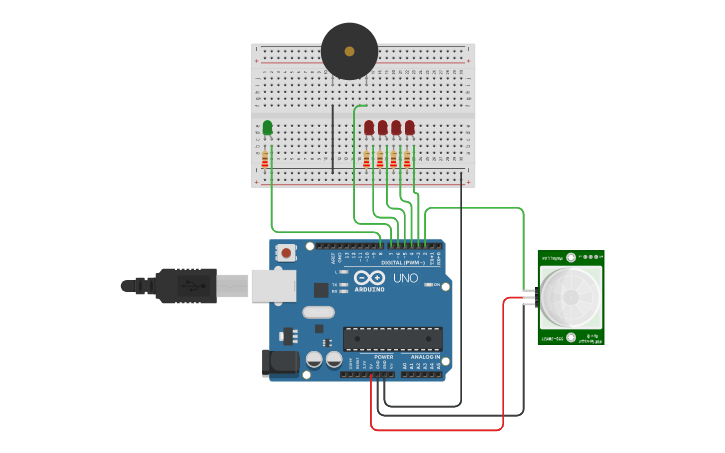 Circuit design Sensor de movimento PIR6 | Tinkercad