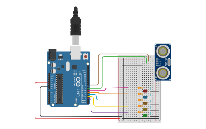Circuit design SECUENCIA DE LEDS Y SENSOR ULTRASONICO | Tinkercad