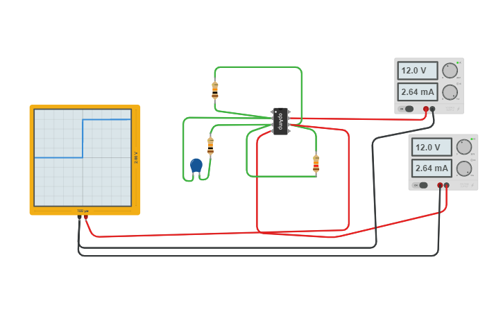 Circuit design clock pulse generator(square wave) using opamp without pot - Tinkercad