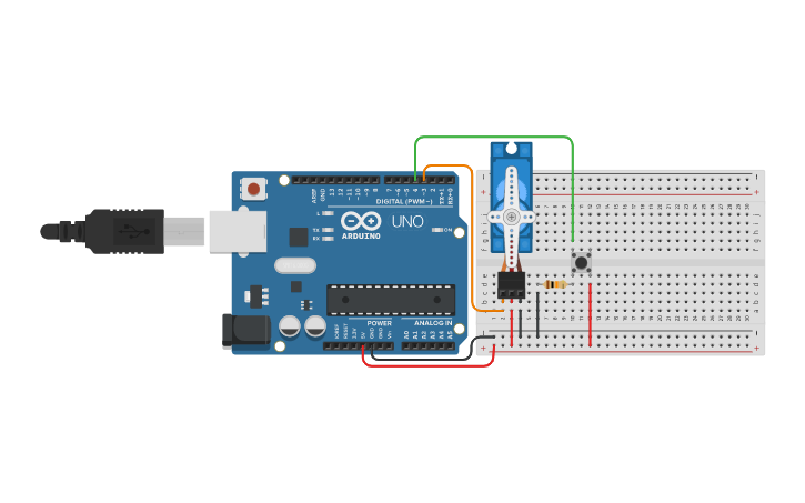 Circuit design Servo Motor with Button - Tinkercad