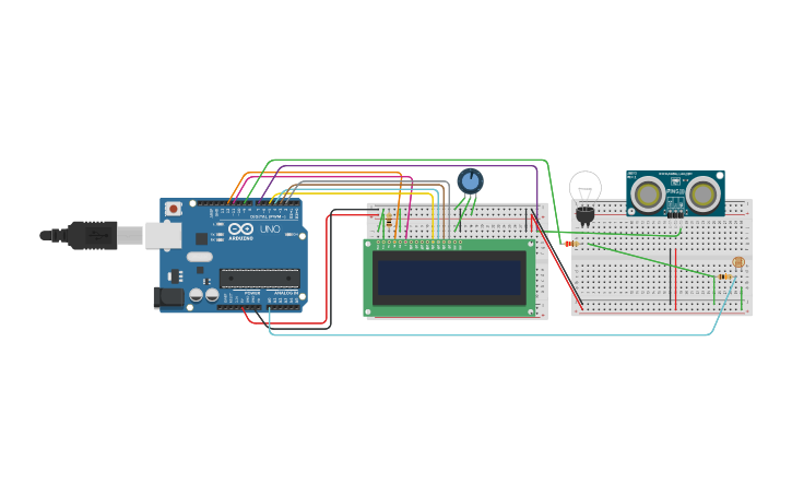 Circuit Design Arduino Lcd Control With Ping Sensor And Light Sensor Tinkercad