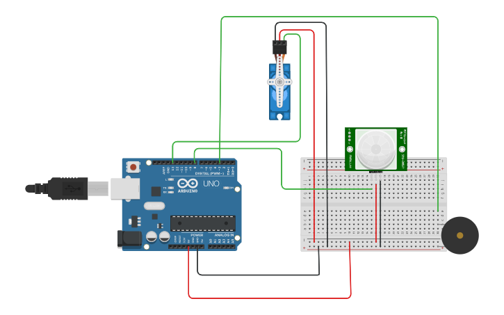 Circuit design security sensor with PIR,buzzer and servo motor | Tinkercad