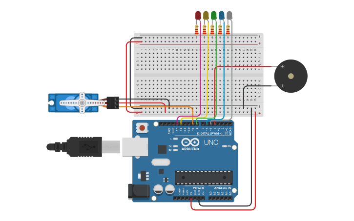 Circuit design Servo+LEDs+Piezo | Tinkercad