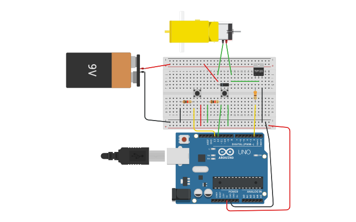 Circuit design Copy of Exemplo pulsador/motor con transistores | Tinkercad