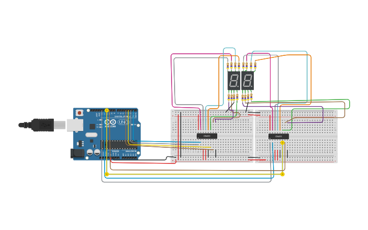 Circuit design BCD to 7 segment display - Tinkercad