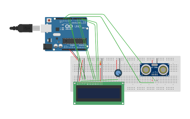 Circuit design Ultrasonic Sensor with LCD Display | Tinkercad