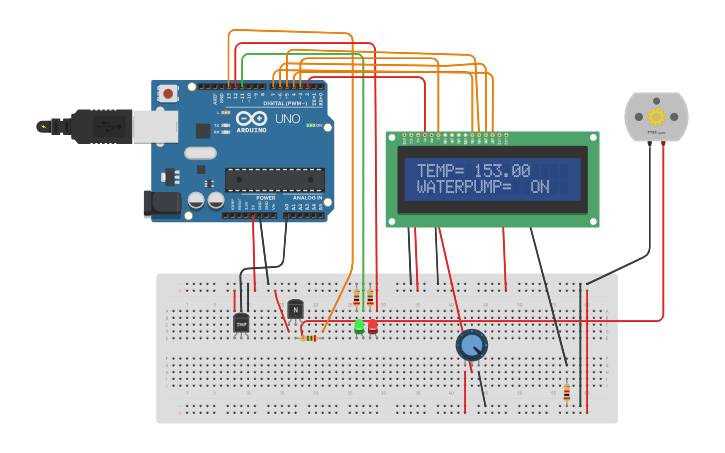 Circuit design SMART IRRIGATION using temp sensor - Tinkercad