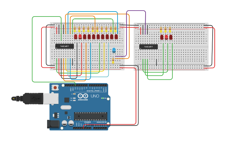 Circuit design Елочная гирлянда на HC4017 - Tinkercad