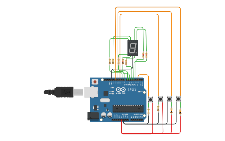 Circuit design seven-segment indicator - Tinkercad