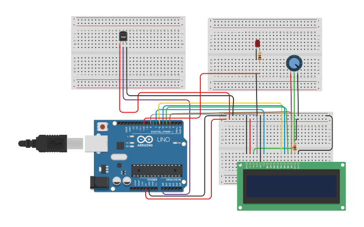 Circuit design Temperture+lcd screen | Tinkercad