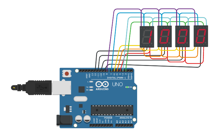 Circuit design Reverse counter using 4 digit 7 segment - Tinkercad