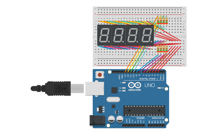 Circuit design 4 digit 7 segment display - Tinkercad