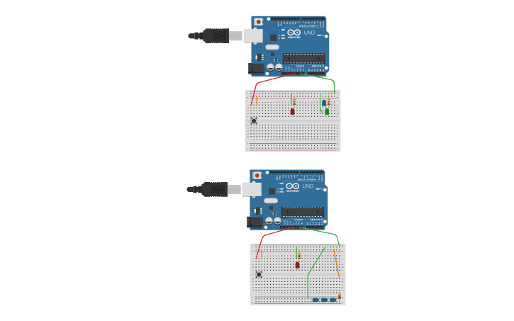 Circuit design 3 LEDs 5V Direct Serial and Parallel with Button - Tinkercad