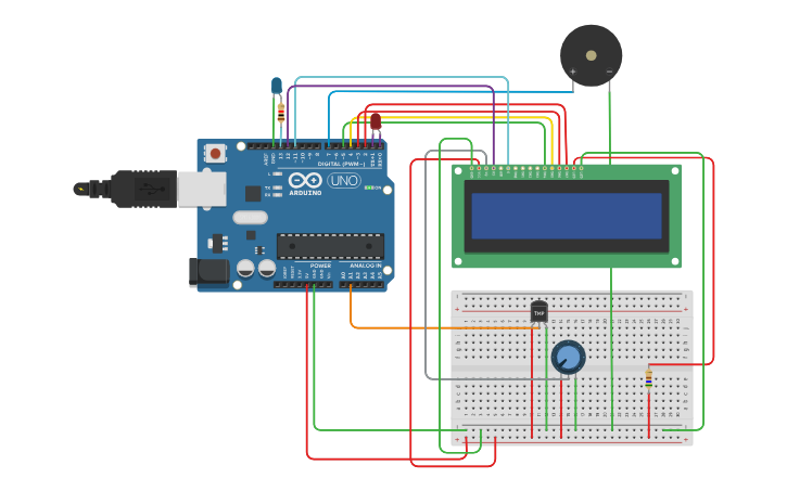 Circuit design Fire detection system - Tinkercad