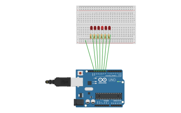 Circuit design 6 leds patron determinado | Tinkercad