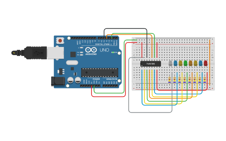 Circuit design 8 BIT COUNTER WITH 74HC595 | Tinkercad