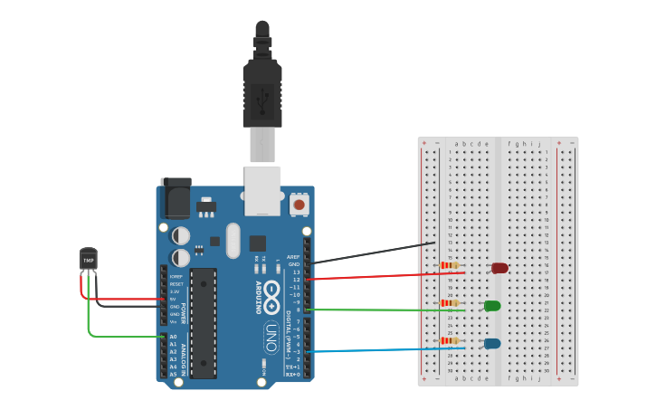 Circuit design Capteur de température Tinkercad et LED pour rétroaction | Tinkercad