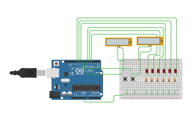 Circuit Design Accensione Spegnimento 6 Led Tinkercad
