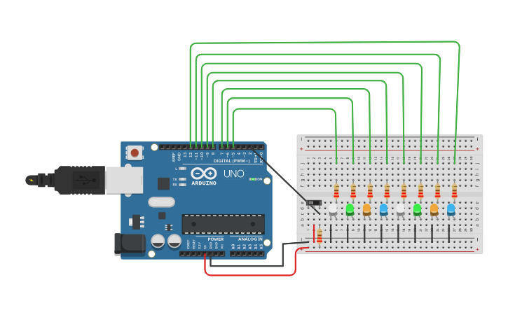 Circuit design 8bit binary counter 1 switch - Tinkercad