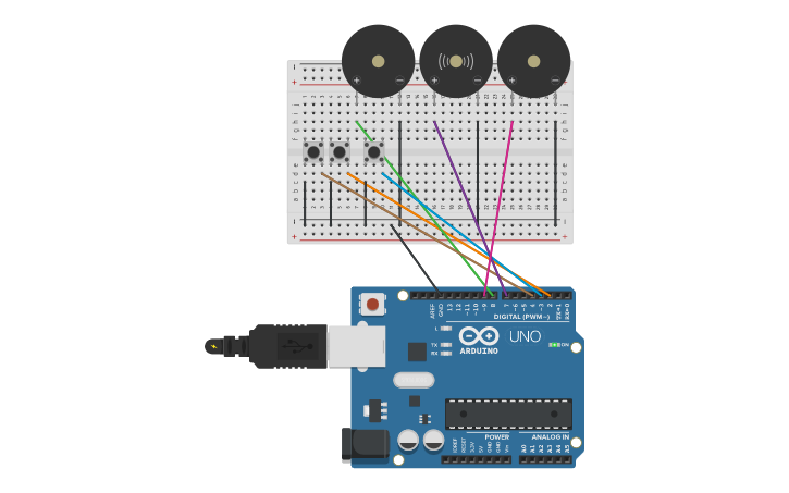 Circuit design Arduino sonido 3 piezos - Tinkercad