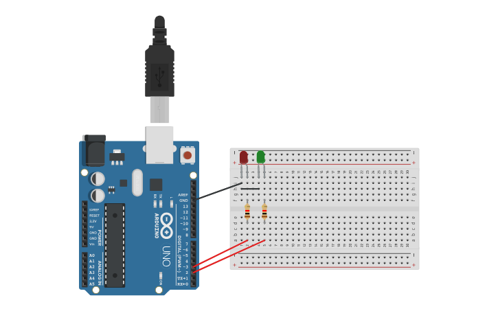 Circuit design วงจรไฟกระพริบด้วย LED 2 ดวงติดสลับ - Tinkercad