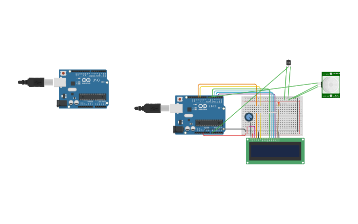 Circuit design PIR and LCD - Tinkercad