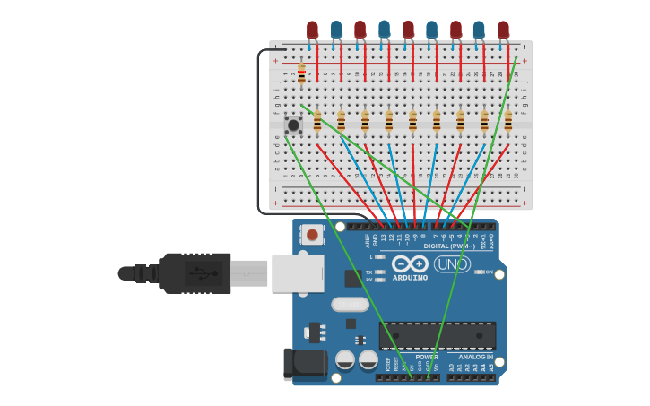 Circuit design Light Show mit Button! - Tinkercad