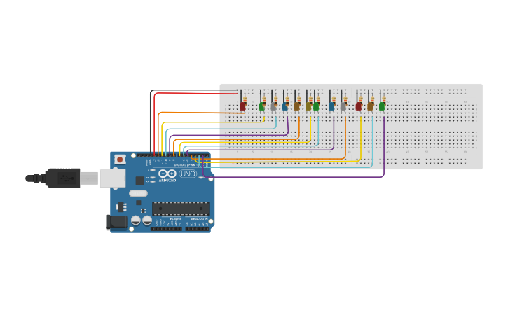 Circuit design Secuenciador de luces con Arduino Uno con 12 leds ...