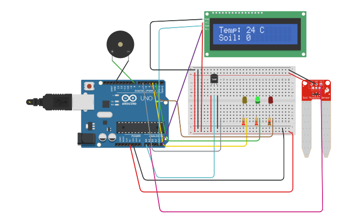 Circuit design Arduino-Based Soil Temperature and Moisture Monitoring System - Tinkercad