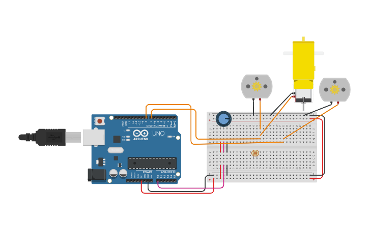 Circuit design Motores con potenciometro | Tinkercad