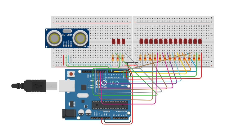 Circuit design Sensor Ultrasónico 16 LEDs - Tinkercad