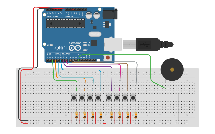 Circuit design Piano de Buzzer - Tinkercad