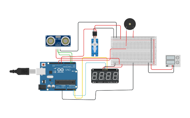 Circuit design sensor ultrasónico con led 7 segmentos - Tinkercad