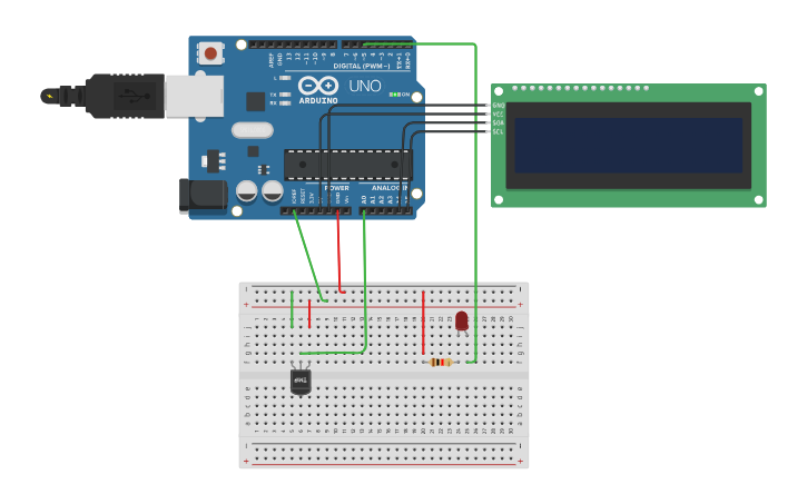 Circuit design 温度感應器控制LED開關+LCD顯示 - Tinkercad