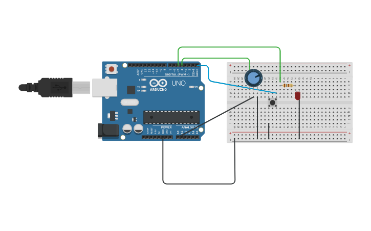 Circuit design Example Led, Potentiometer and Button - Tinkercad
