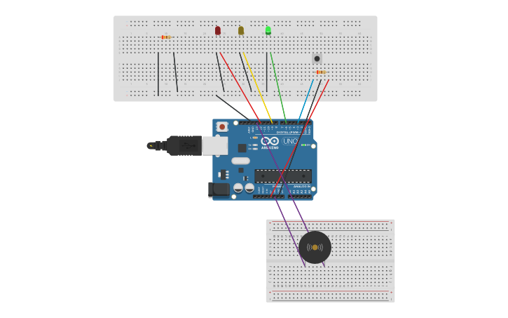 Circuit design Semáforo con pulsador | Tinkercad