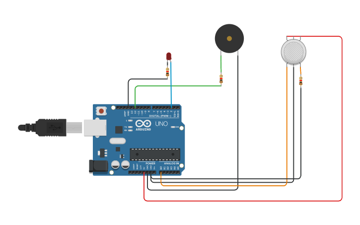 Circuit design Sensor Gas with Buzzer and LED - Tinkercad