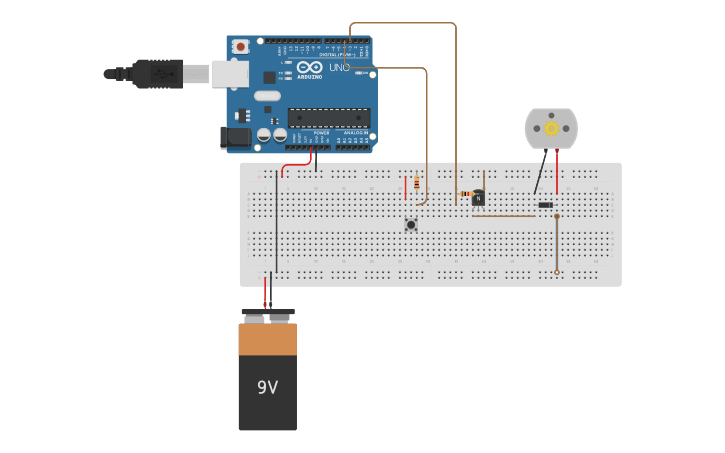 Circuit design Pilotaggio motore in DC tramite Arduino e transistor. | Tinkercad