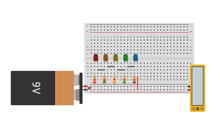 Circuit design Battery level indicator with 5 LED - Tinkercad