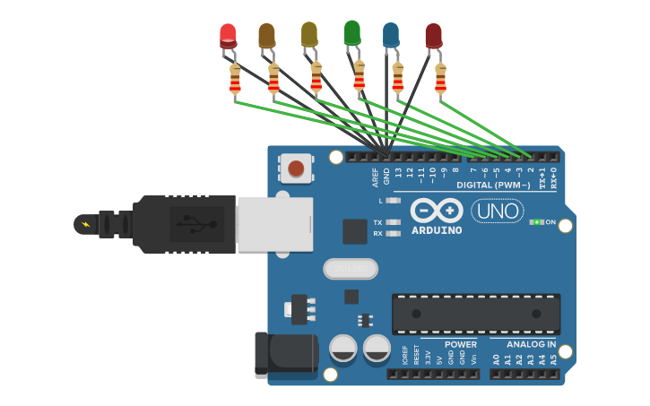 Circuit design 6 led fading and blinking | Tinkercad
