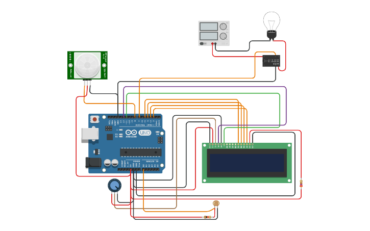 Circuit design 4M - sensor pir + LDR | Tinkercad