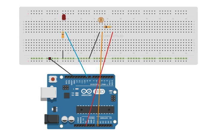 Circuit design LDR + PWM + map - Tinkercad