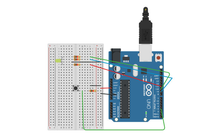 Circuit design Código, botón presionado - Tinkercad