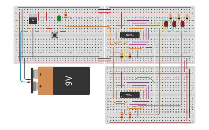 Circuit design 3 Bit Shift Register Resettable_74hc74 - Tinkercad Circuit design 3 Bit Shift Register Resettable_74hc74 - Tinkercad