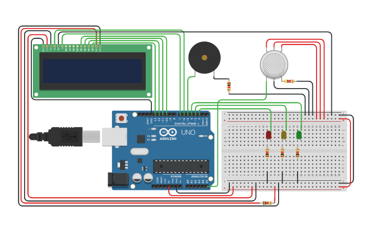 Circuit design LPG Gas Detecting Alarm System - Tinkercad