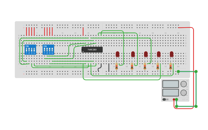Circuit design 4 bit binary adder using 74283 - Tinkercad