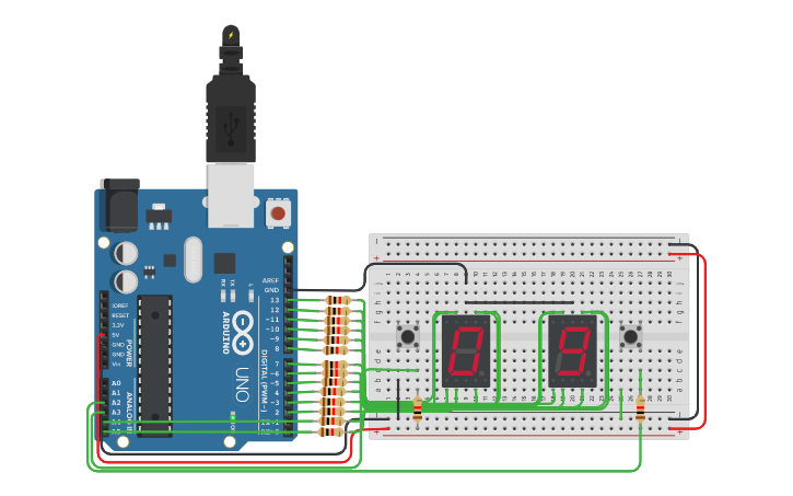 Circuit Design 7 Segment With Push Button Uplink And Downlink Tinkercad